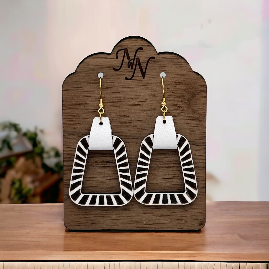 Laser Engraved White Striped Wood Trapezoid Hoop Earrings With White ...
