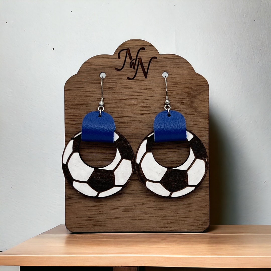 Game Day Wooden Soccer With Genuine Leather Wrap, Loop Earrings. White ...
