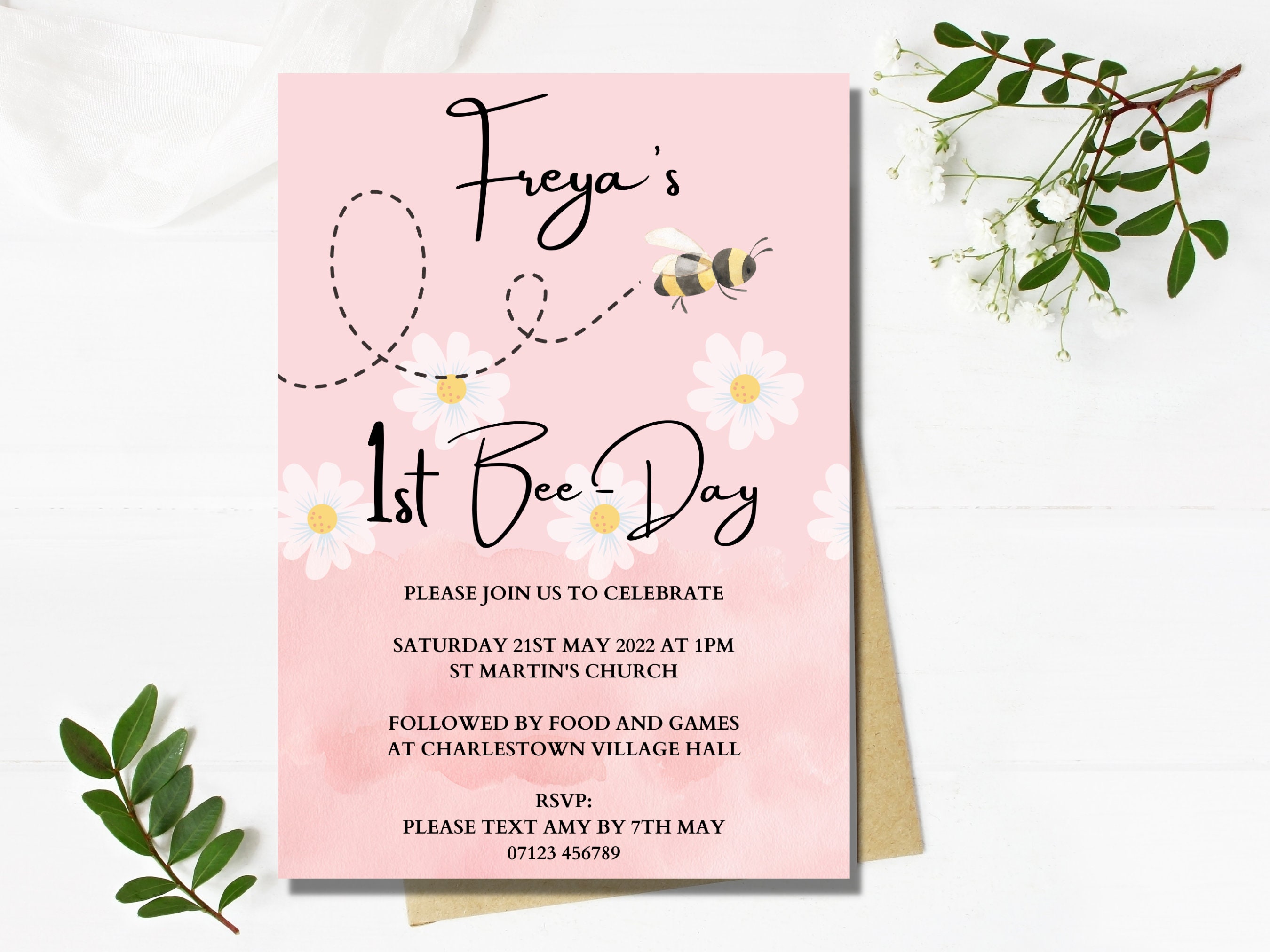 Bee & Daisy Kids Party Invitation Template | First Birthday ...