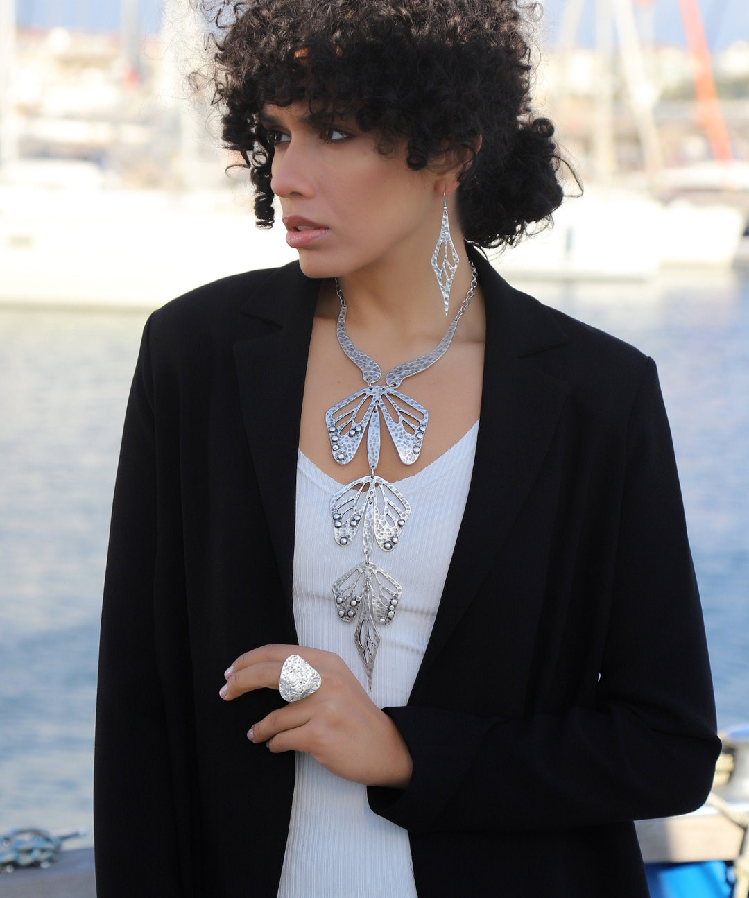 Boho Silver Plated Jewelry Set: Adjustable Ring, Necklace & Earrings - Etsy