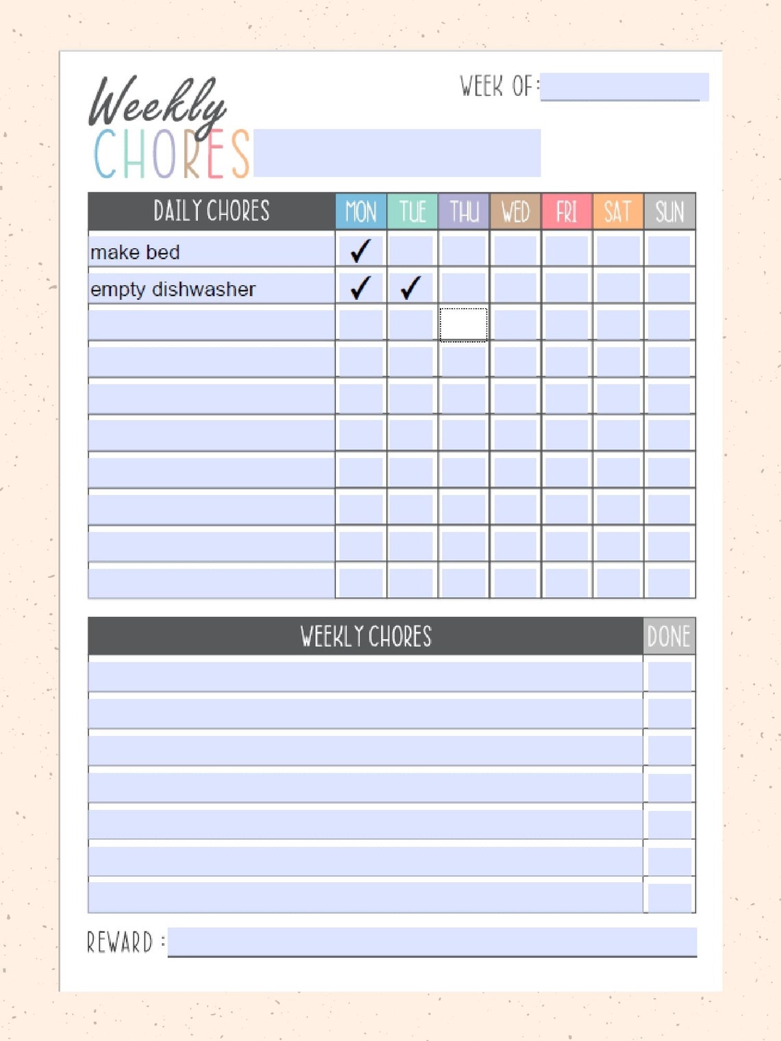 Weekly Chore Chart Kid Template Editable Printable PDF - Etsy