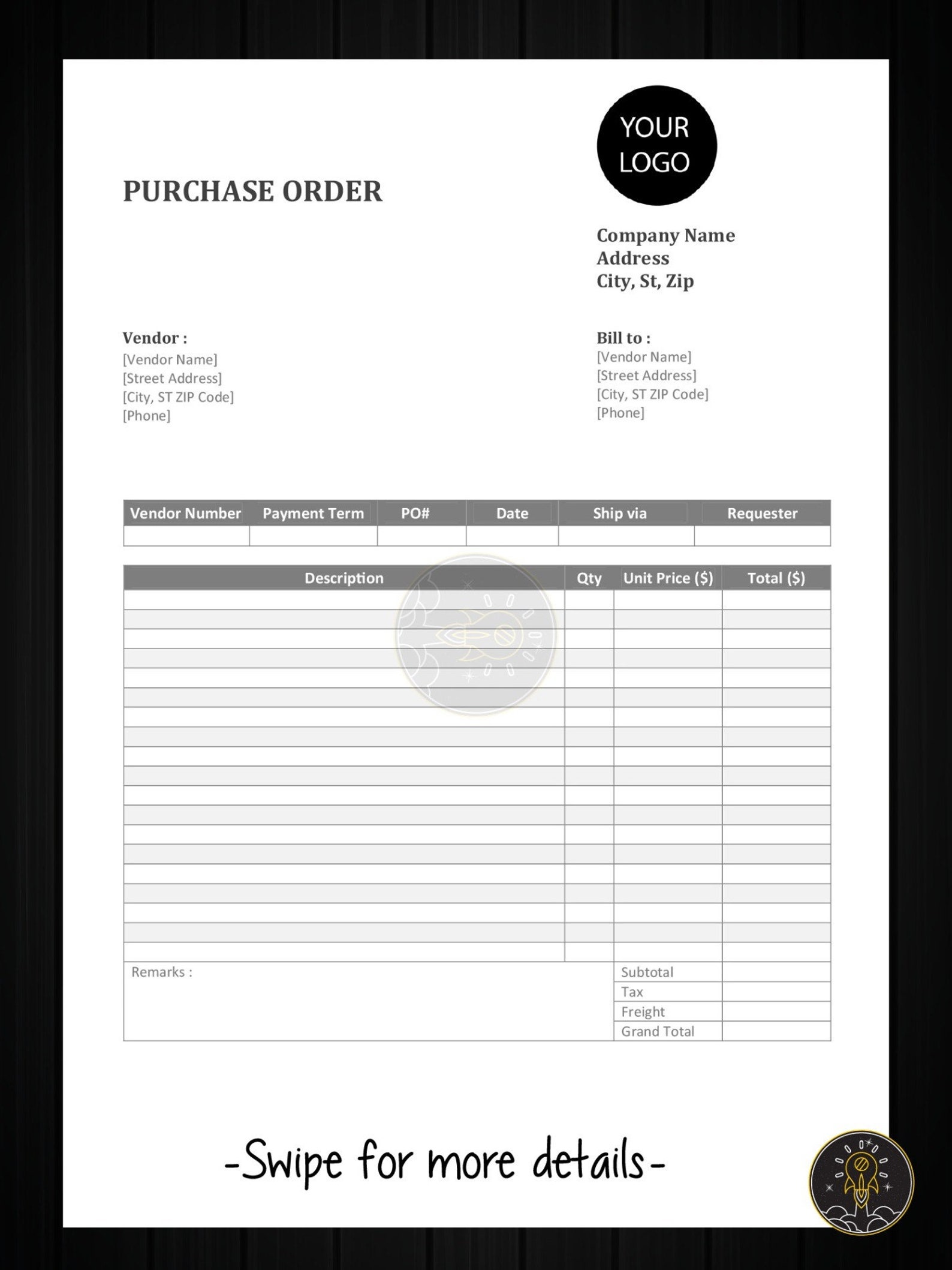 Printable Editable Purchase Order Template Word Document - Etsy