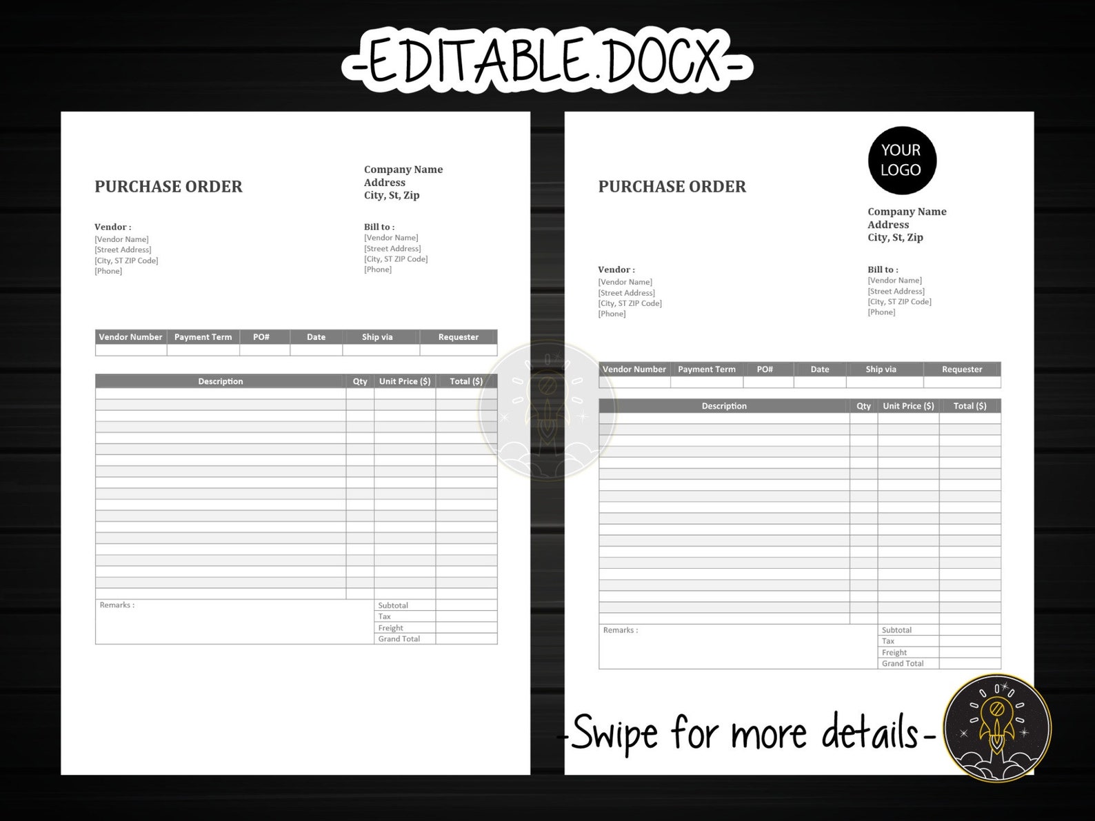 Printable Editable Purchase Order Template Word Document - Etsy
