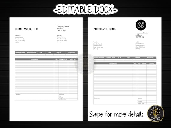 Printable Editable Purchase Order Template Word Document - Etsy Finland