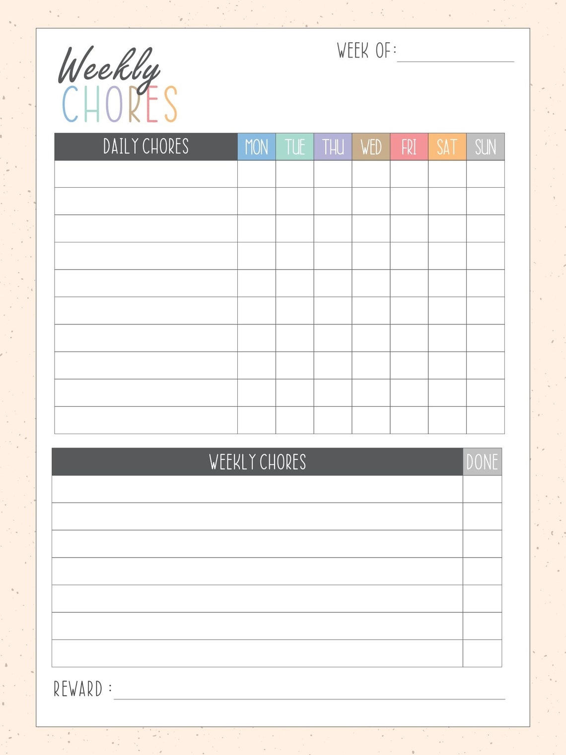 Weekly Chore Chart Kid Template Editable Printable PDF - Etsy