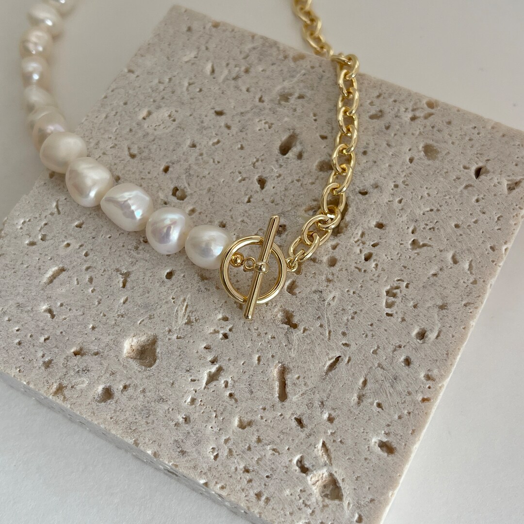 Half Cuban Chain Half Pearl Necklace,baroque Pearl Necklace,toggle ...
