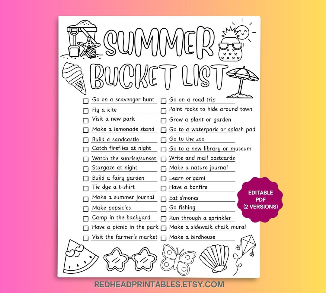 Summer Bucket List Printable Coloring Page, Editable Bucket List for ...