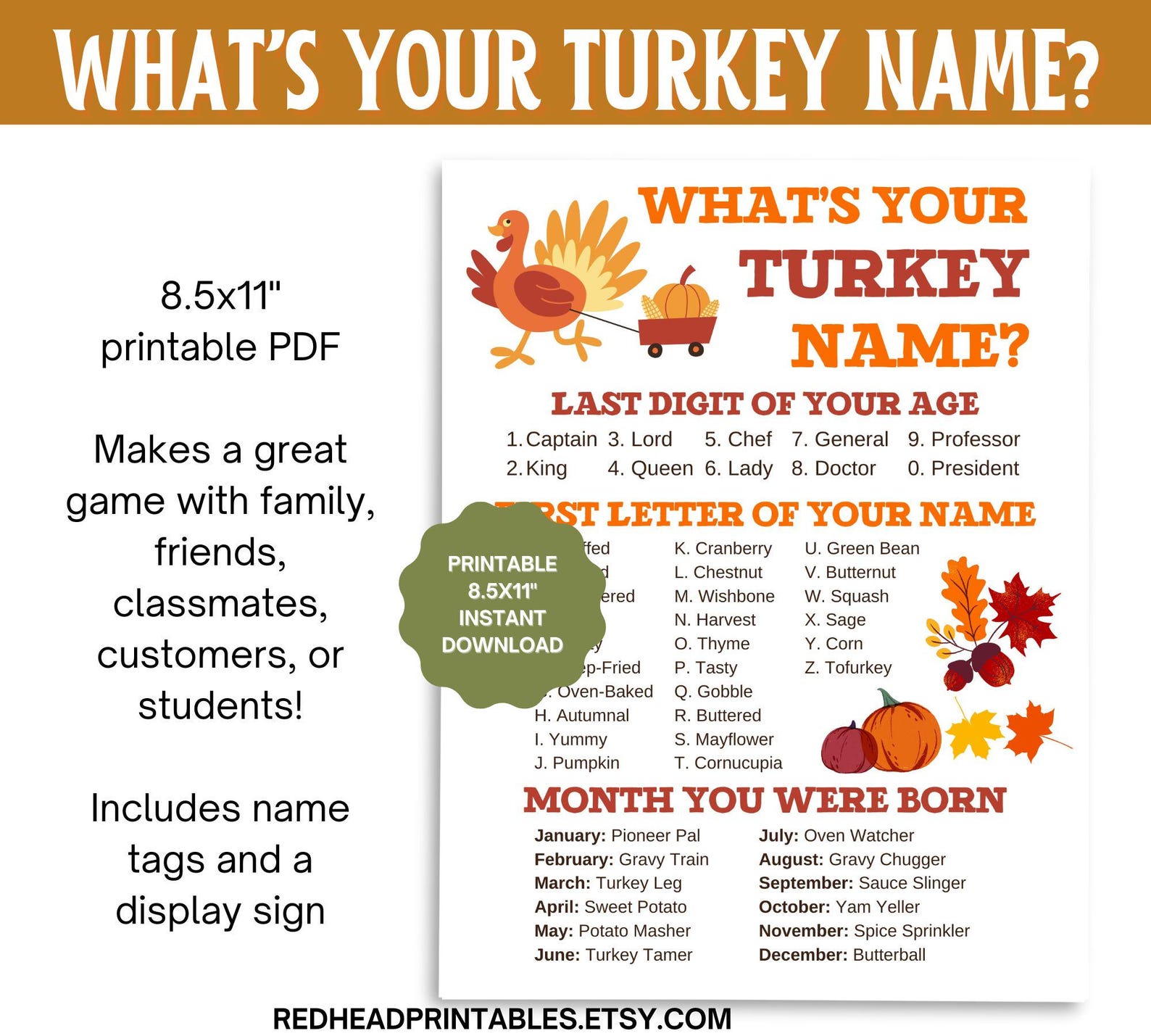 Whats Your Turkey Name Printable Game, Thanksgiving Game Printable ...