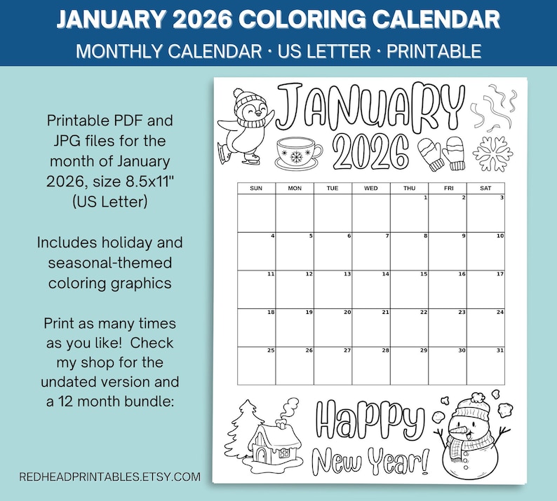 January 2026 Coloring Calendar Printable, Monthly Colorable Calendar ...