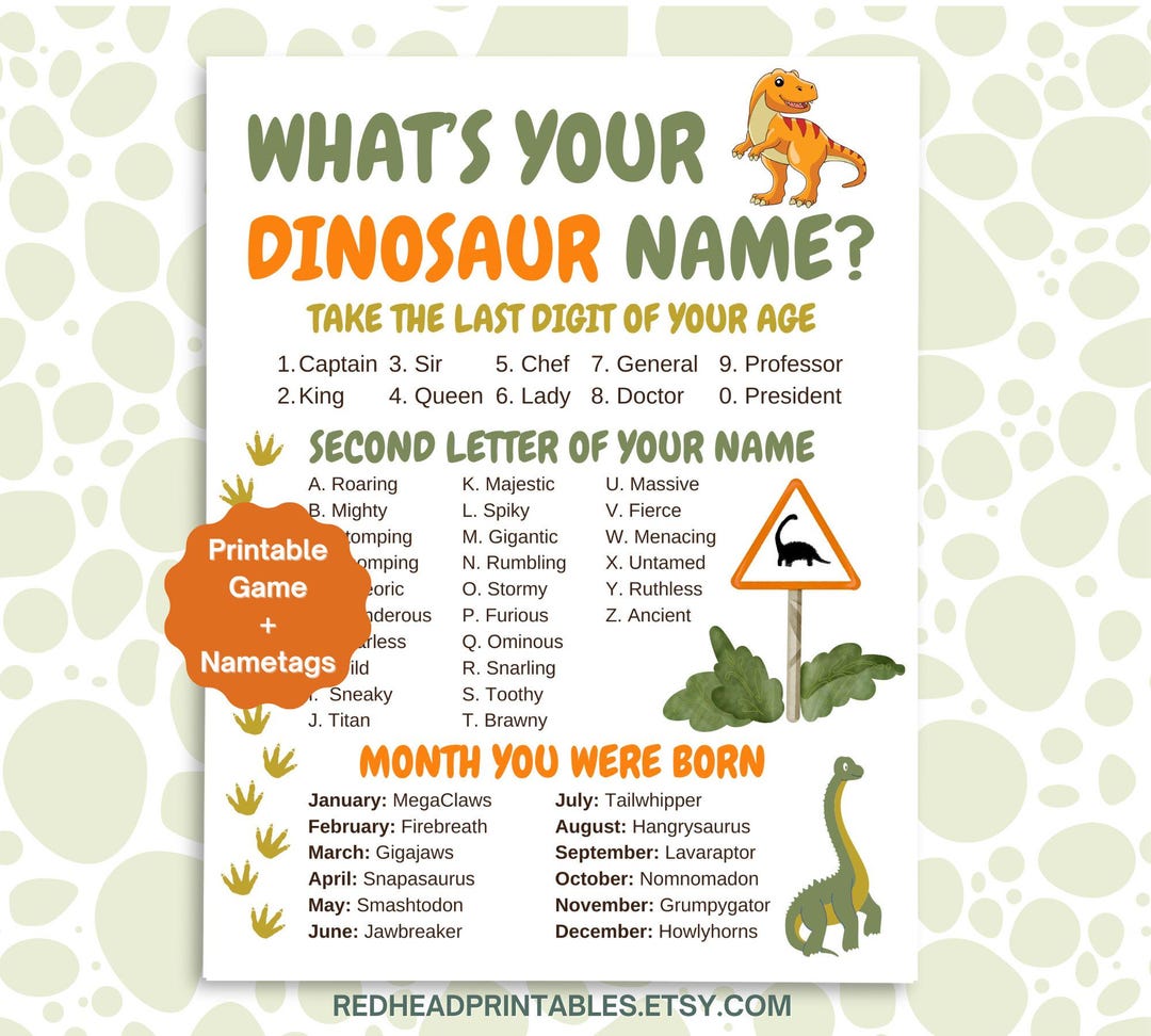 Whats Your Dinosaur Name Game Printable, Dinosaur Birthday Game ...