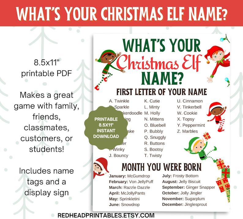 Whats Your Elf Name Game Printable, Christmas Party Game, Family ...
