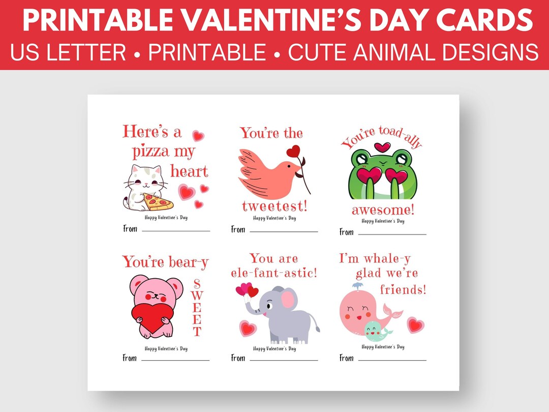 Printable Valentines Day Cards, Kid Valentine Cards, Cute Animal ...
