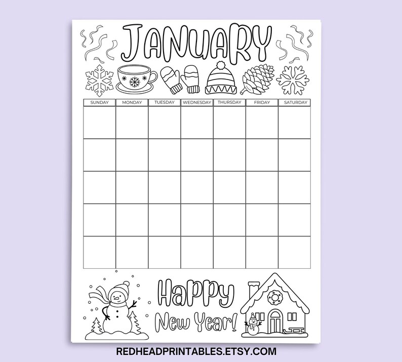 Coloring Calendar January Undated Printable, Monthly Colorable Calendar ...