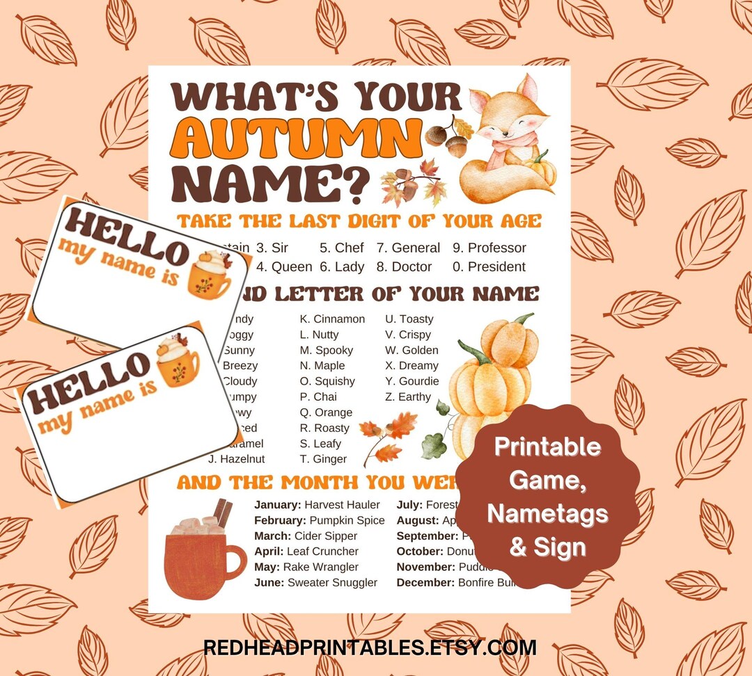 Whats Your Autumn Name Game Printable, Fall Party Game, Autumn Party ...