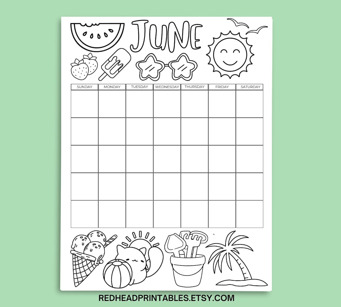 June Coloring Calendar Printable Undated, Monthly Colorable Calendar ...