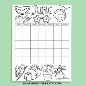 June Coloring Calendar Printable Undated, Monthly Colorable Calendar ...