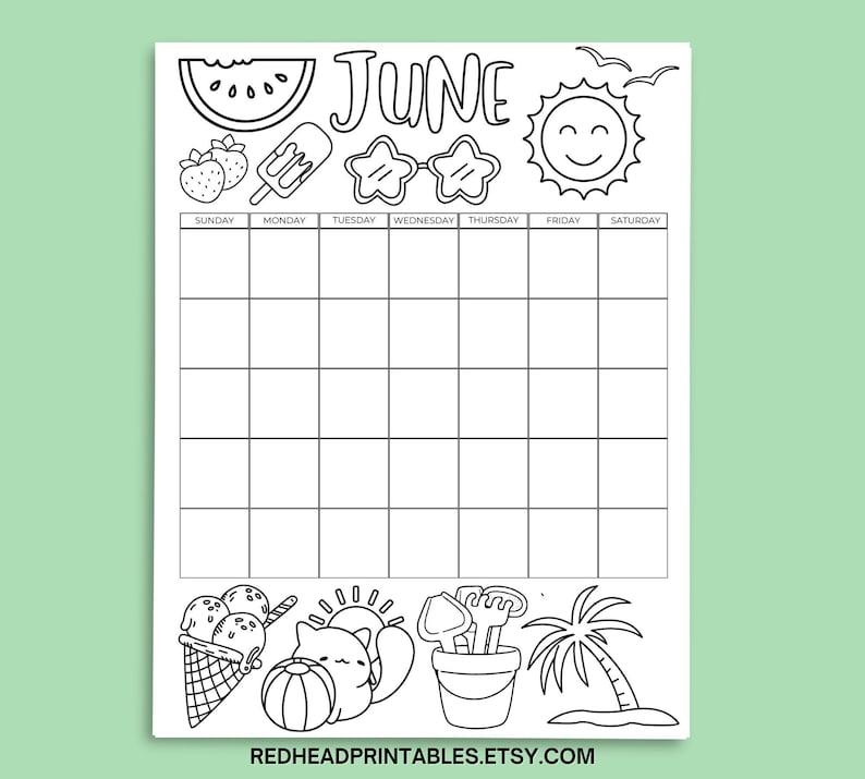 June Coloring Calendar Printable Undated, Monthly Colorable Calendar ...