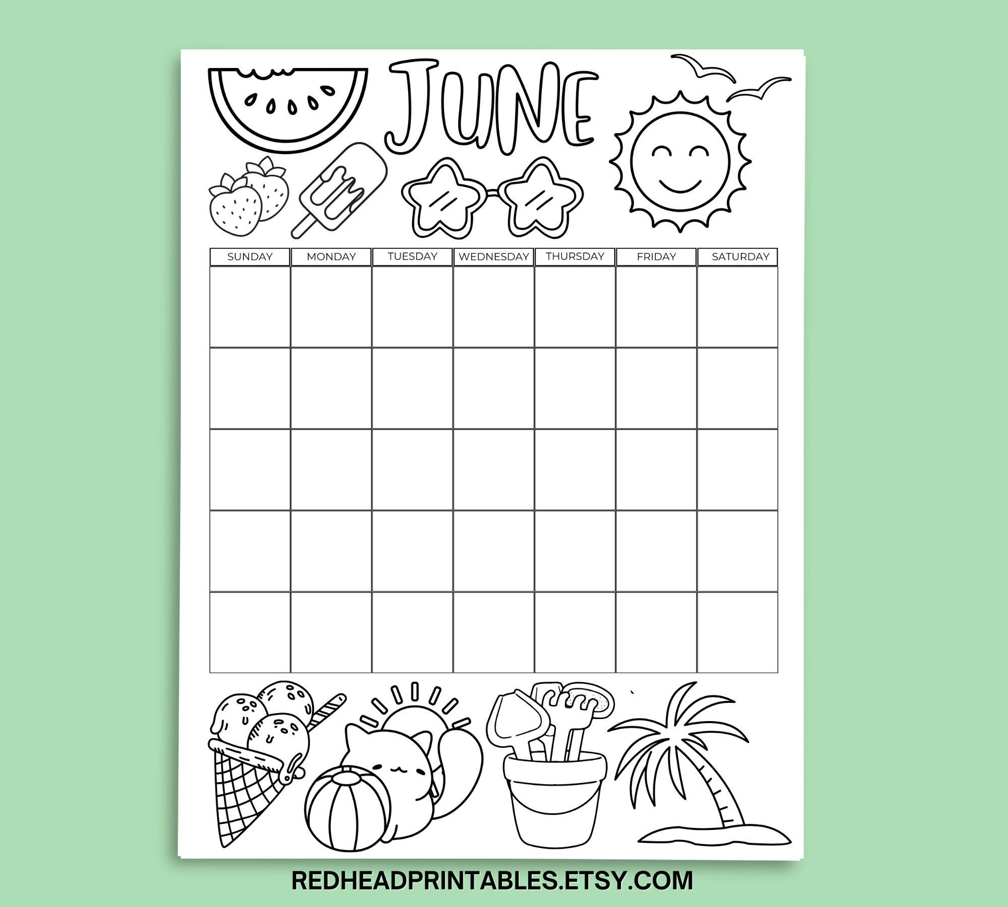 June Coloring Calendar Printable Undated, Monthly Colorable Calendar ...