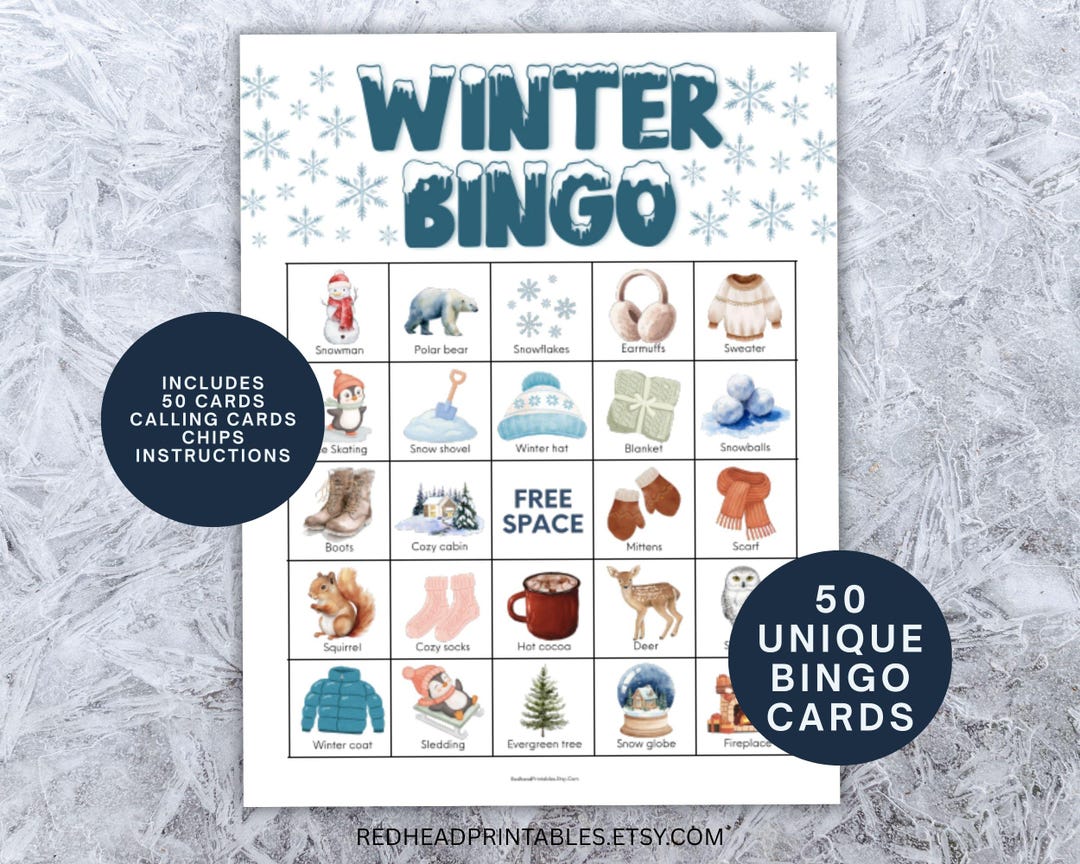 Winter Bingo Game Printable With 50 Cards, Chips, Instructions, Calling ...