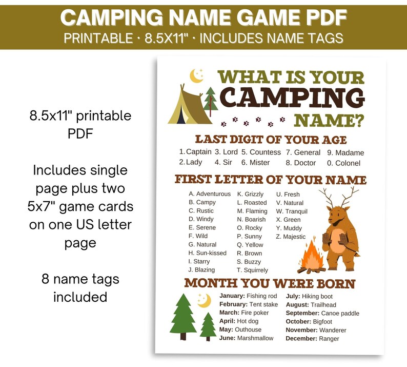Camping Game Printable, Camping Name Game, Kids Camping Activity, Fun ...