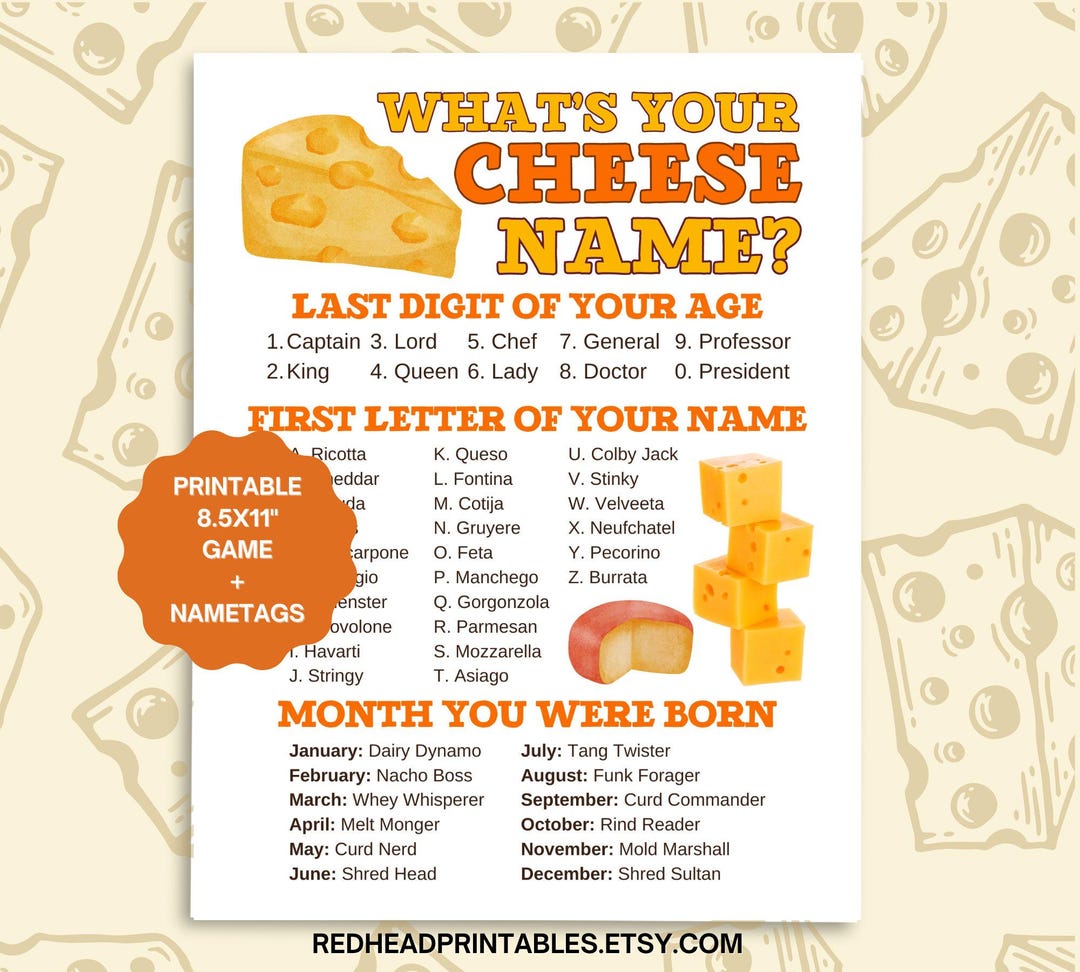 Whats Your Cheese Name Printable Game, Funny Name Game Printable ...