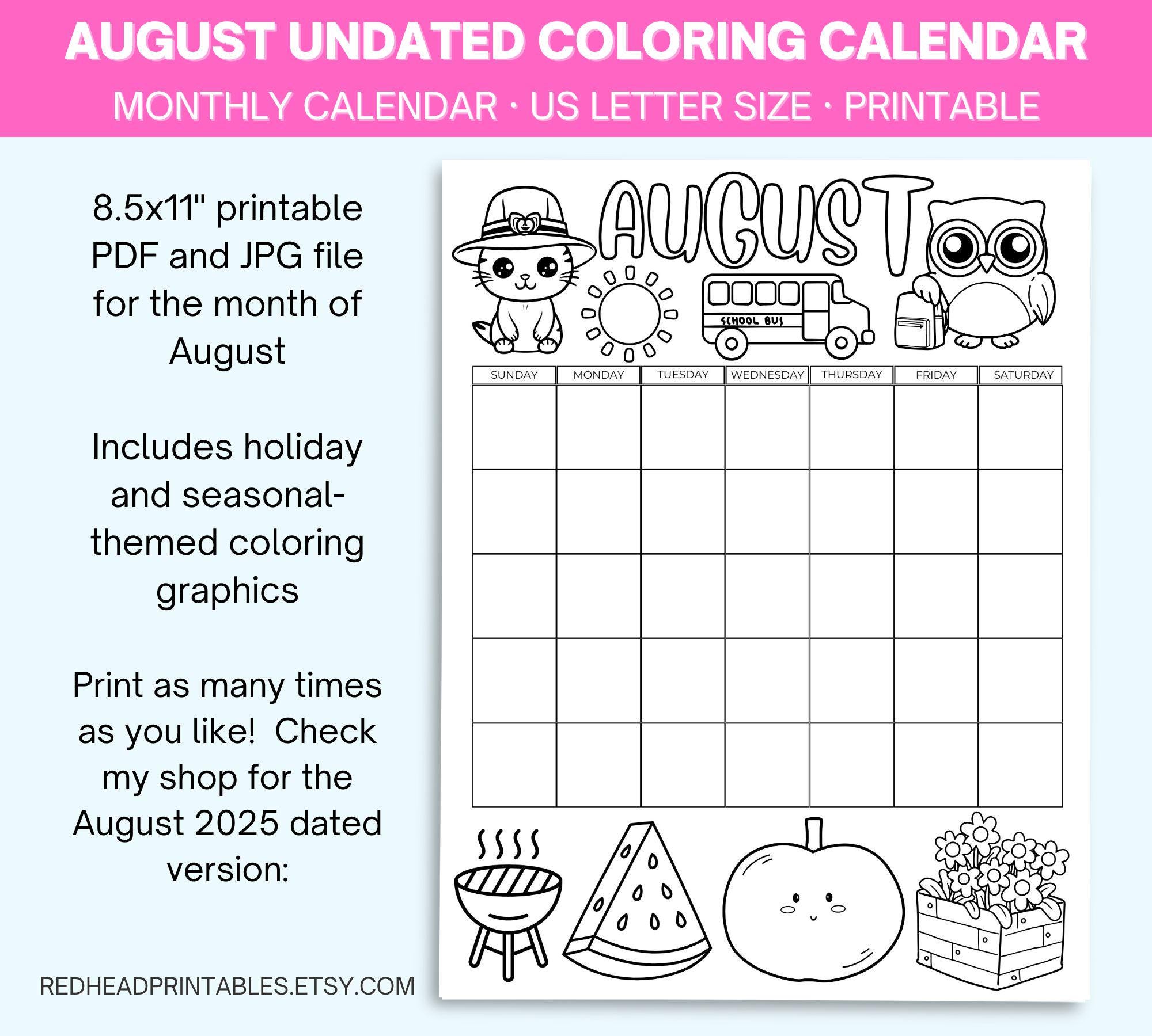 August Coloring Calendar Printable, Undated Colorable Calendar Page ...
