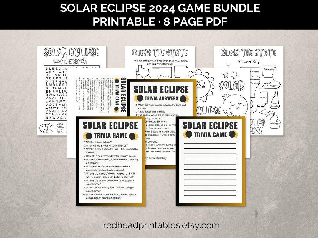 Solar Eclipse Printable Game Bundle, Eclipse 2024 Trivia Game, Coloring ...