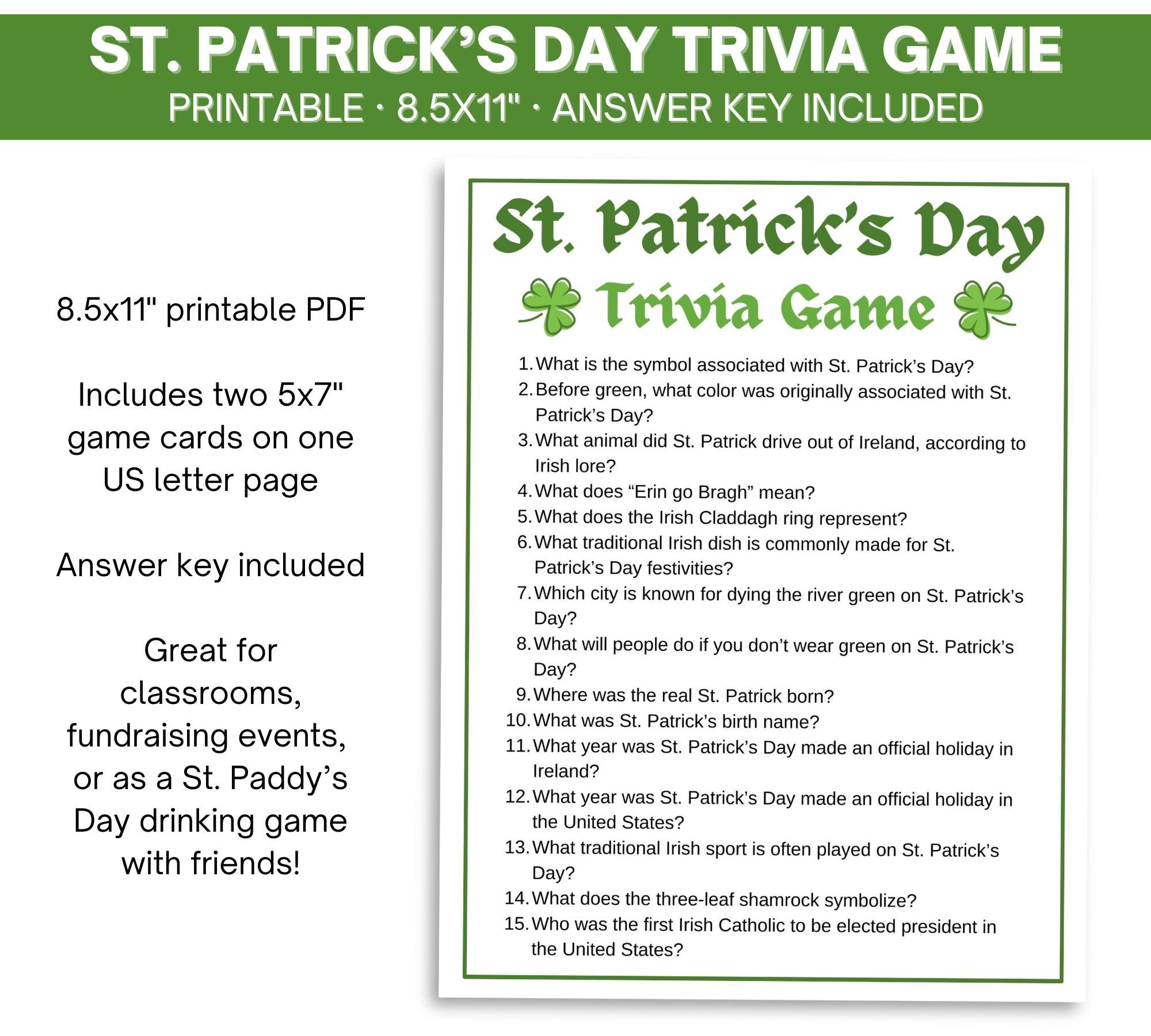 St Patricks Day Trivia Game Printable, St Paddys Day Game, Printable ...