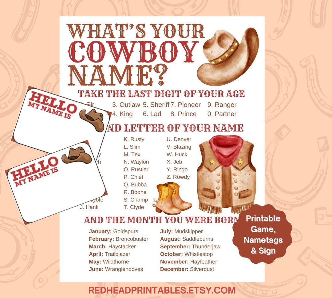 Whats Your Cowboy Name Game, Printable Cowboy Birthday Party Game ...