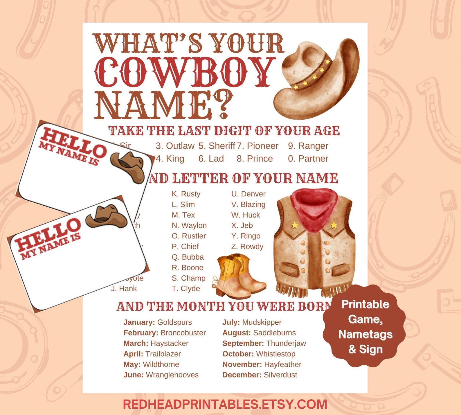 Whats Your Cowboy Name Game, Printable Cowboy Birthday Party Game ...