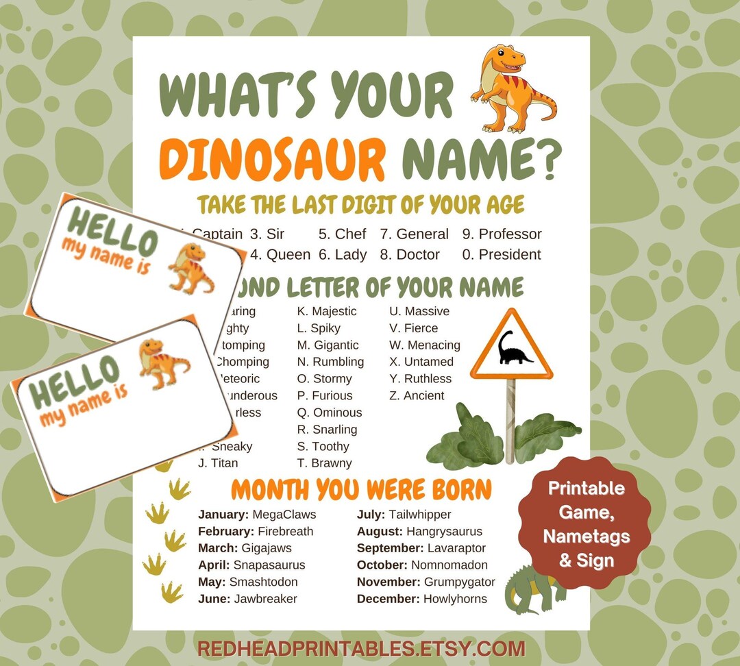 Whats Your Dinosaur Name Game Printable, Dinosaur Birthday Game ...