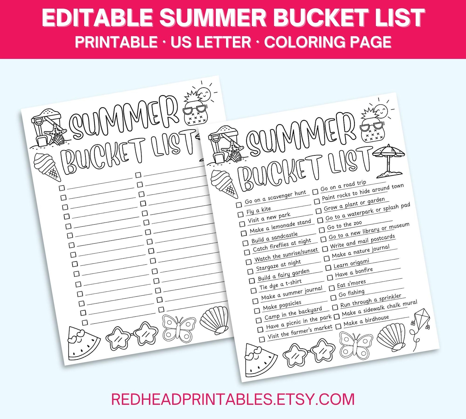 Summer Bucket List Printable Coloring Page, Fillable Bucket List for ...