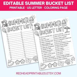 Summer Bucket List Printable Coloring Page, Editable Bucket List for ...