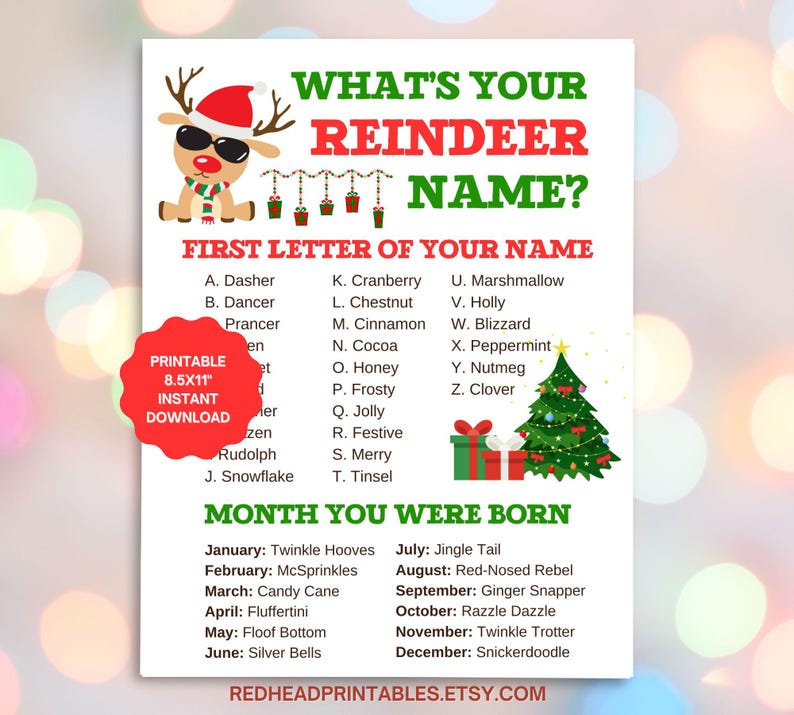 Christmas Party Game Printable, What is Your Reindeer Name Game, Funny ...