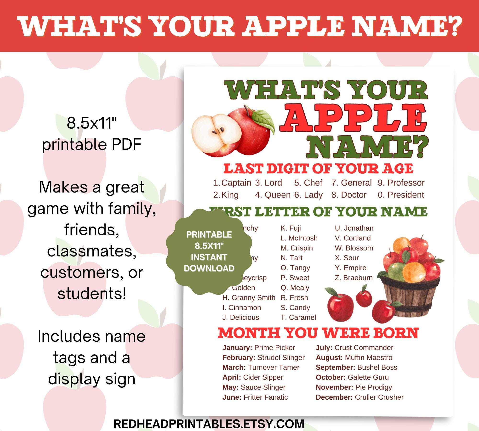 Whats Your Apple Name Game Printable Fall Party Game, Apple Picking ...