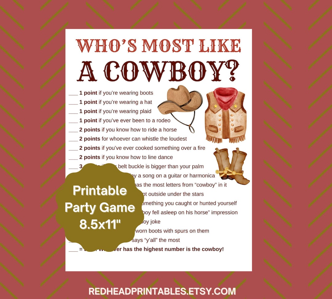 Who's Most Like a Cowboy Party Game Printable, Funny Cowboy Cowgirl ...