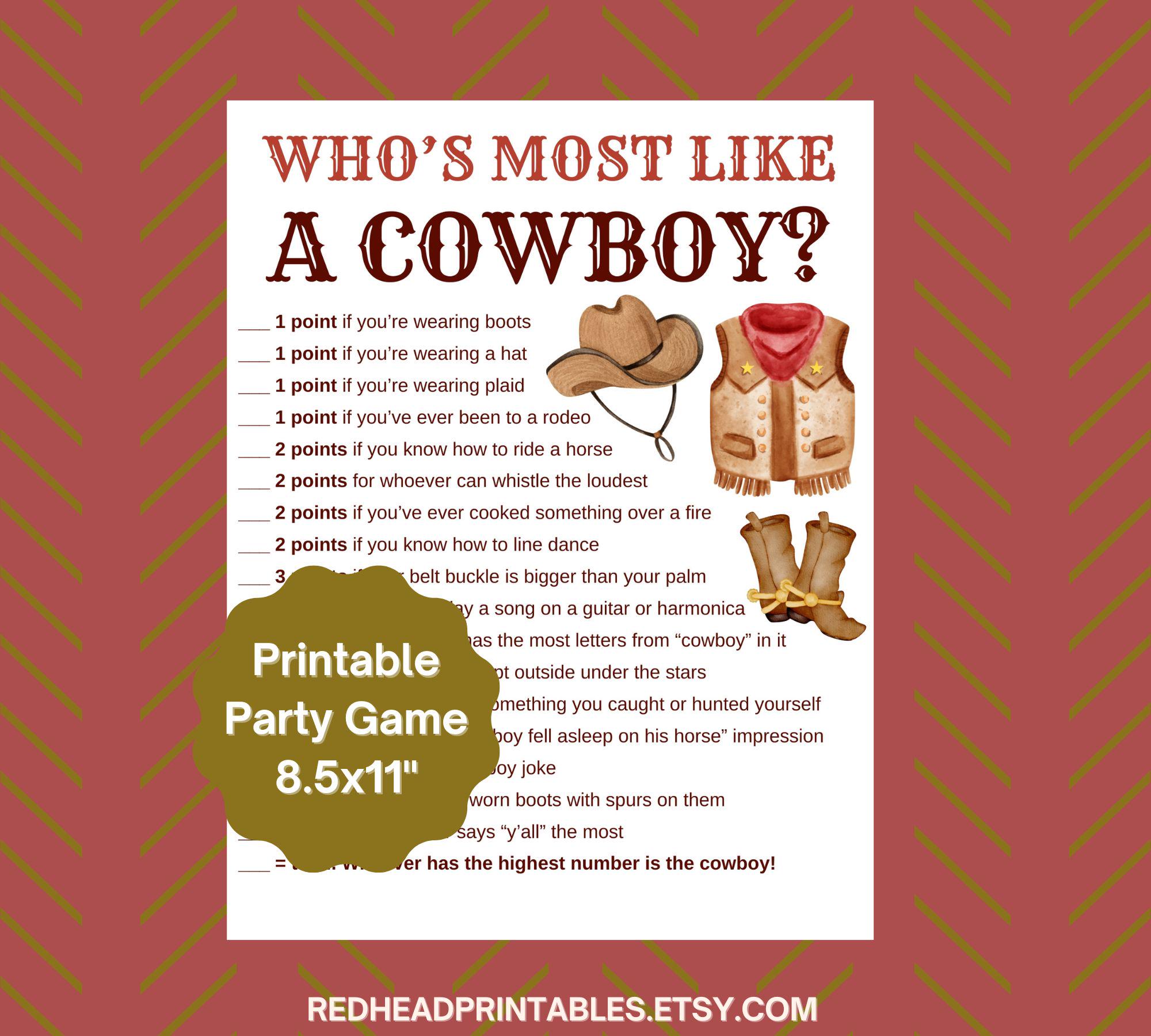 Who's Most Like a Cowboy Party Game Printable, Funny Cowboy Cowgirl ...