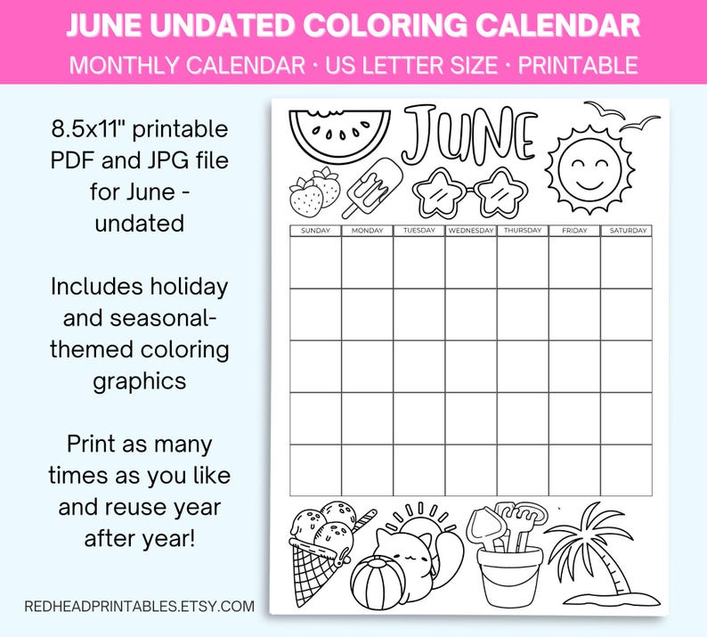 June Coloring Calendar Printable Undated, Monthly Colorable Calendar ...