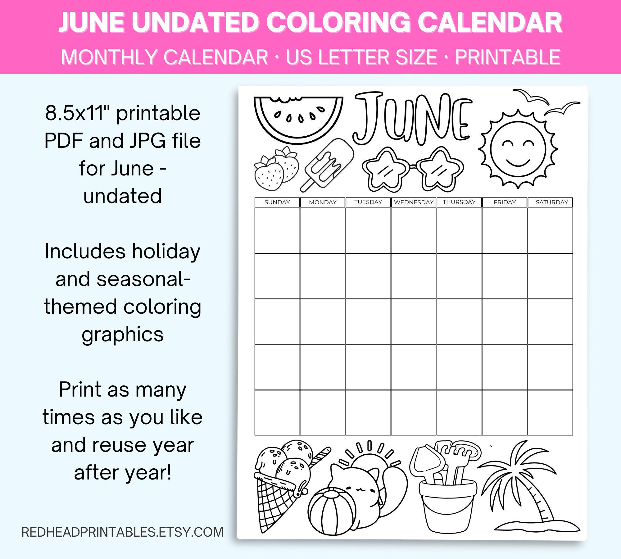 June Coloring Calendar Printable Undated, Monthly Colorable Calendar ...