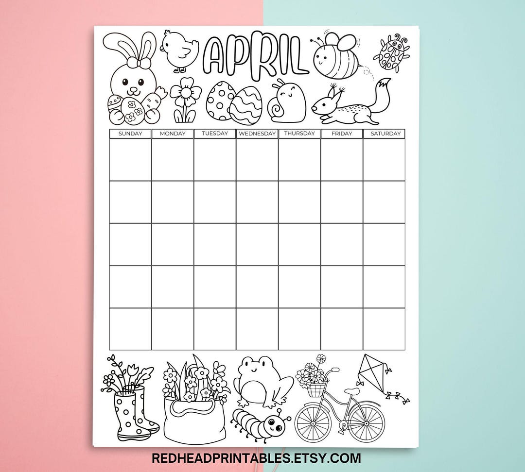 April Coloring Calendar Undated Printable, Monthly Colorable Calendar ...
