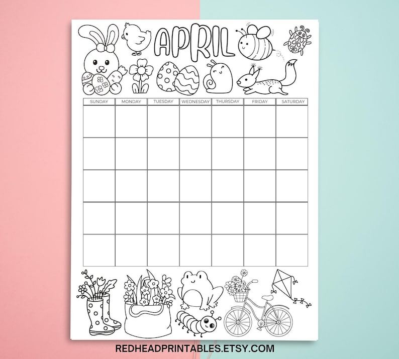 April Coloring Calendar Undated Printable, Monthly Colorable Calendar ...