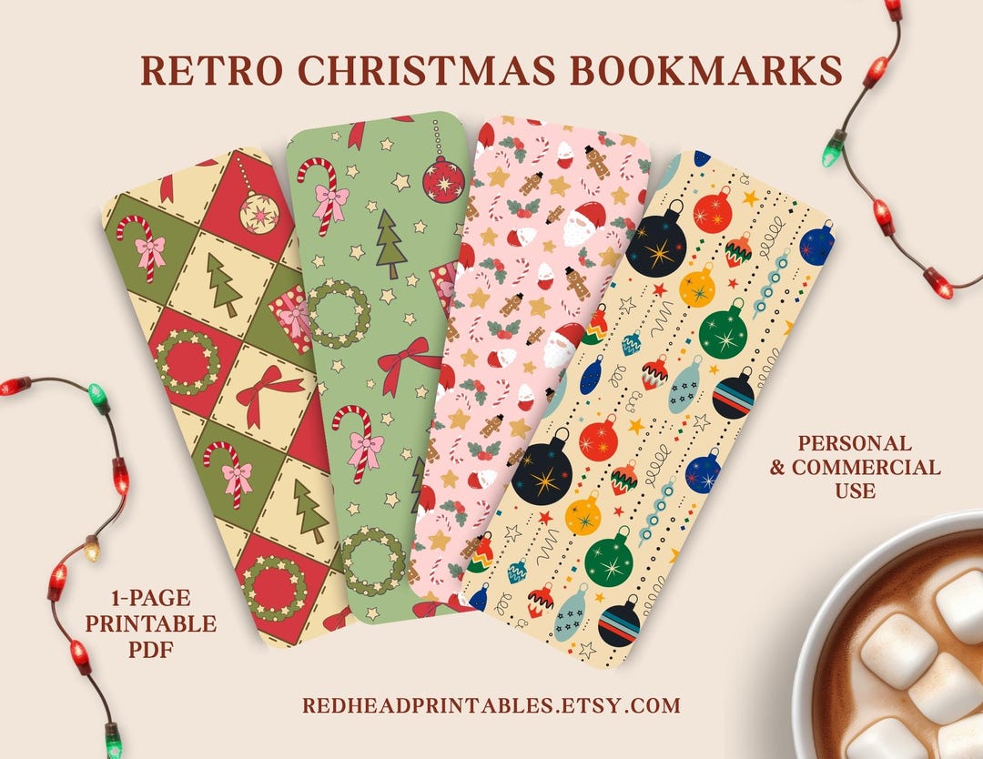 Retro Christmas Bookmarks Printable, Cute Christmas Bookmarks Set of 4 ...