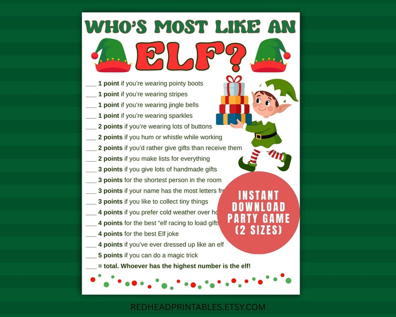 Whos Most Like an Elf Game Printable, Funny Christmas Party Game ...