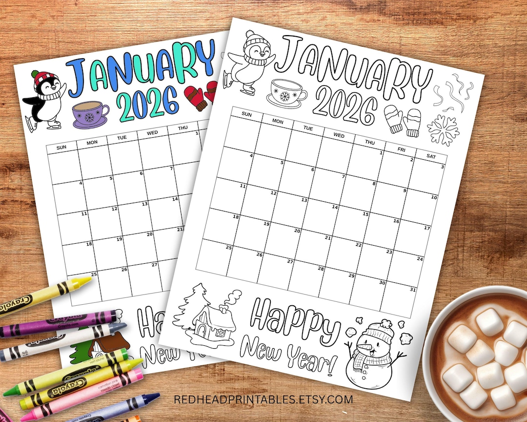 January 2026 Coloring Calendar Printable, Monthly Colorable Calendar ...