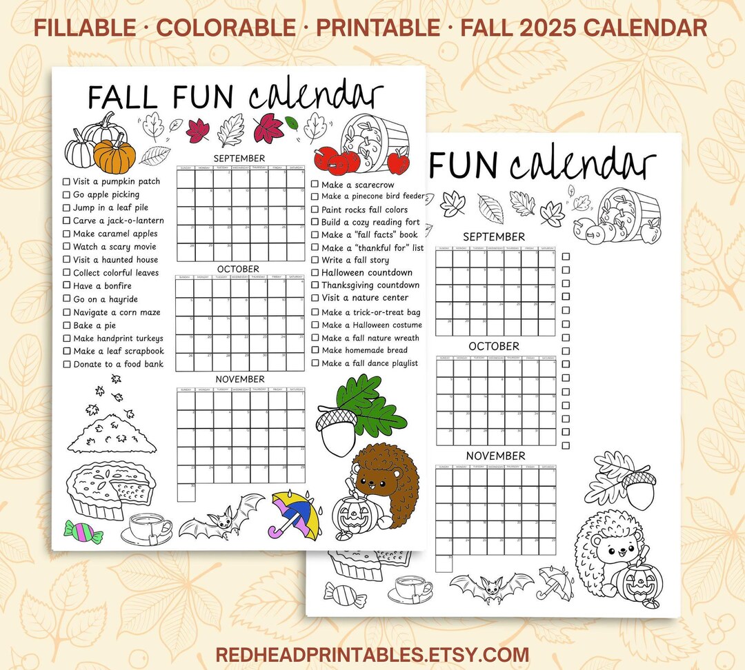 Fall Bucket List Calendar Fillable Printable, Fall Fun Calendar, Fall ...