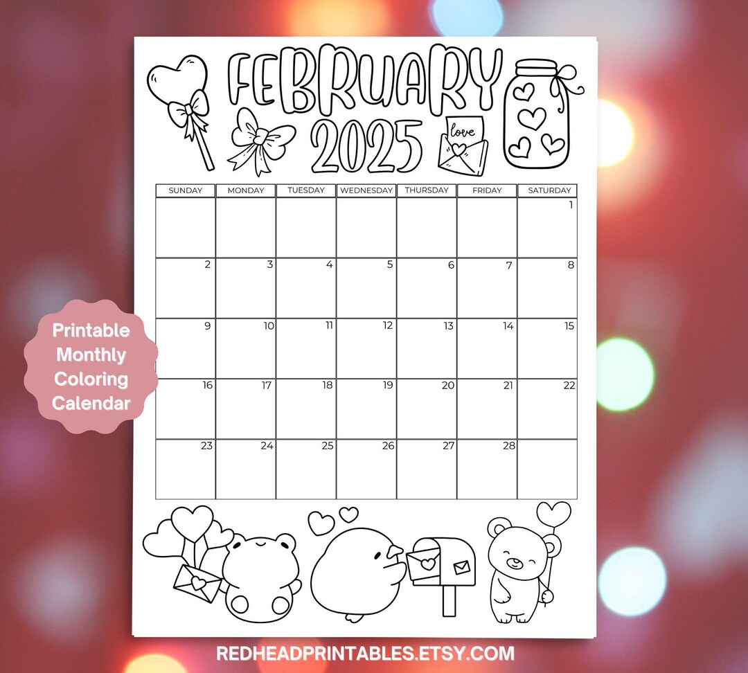 February 2025 Coloring Calendar Printable, Valentines Day Coloring ...