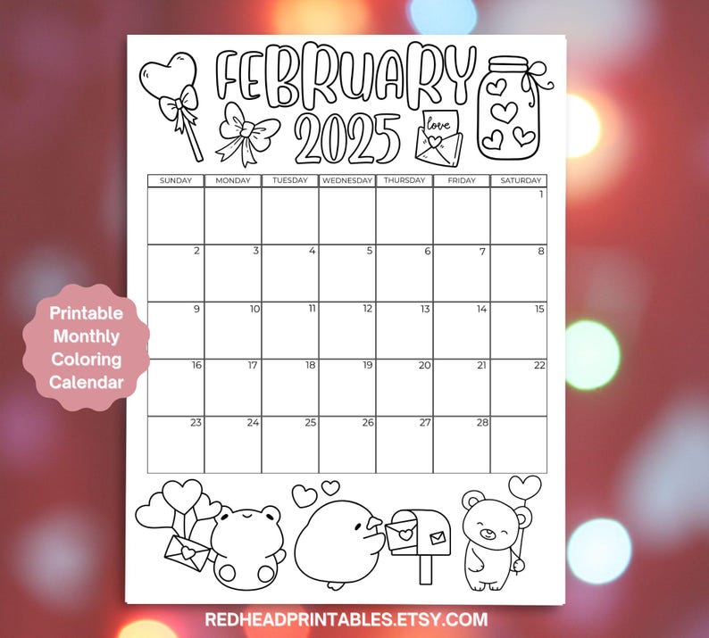 February 2025 Coloring Calendar Printable, Valentines Day Coloring ...