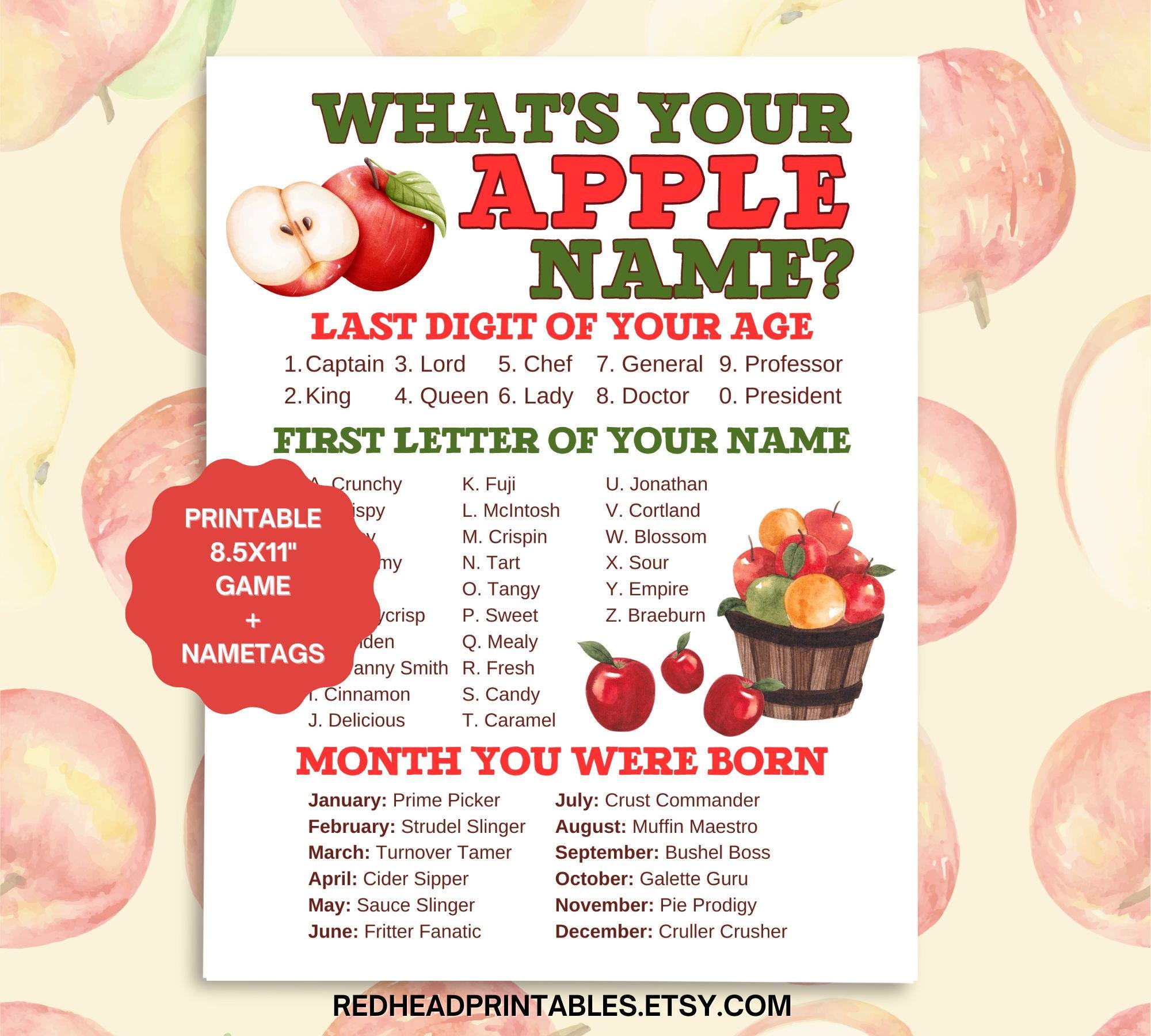 Whats Your Apple Name Game Printable Fall Party Game, Apple Picking ...