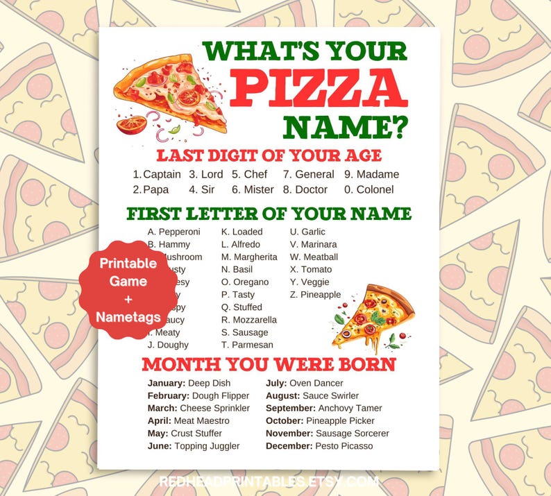 Whats Your Pizza Name Printable Game With Nametags and Sign, Pizza ...