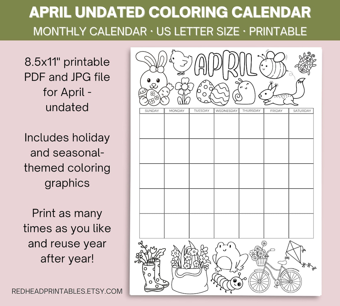 April Coloring Calendar Undated Printable, Monthly Colorable Calendar ...